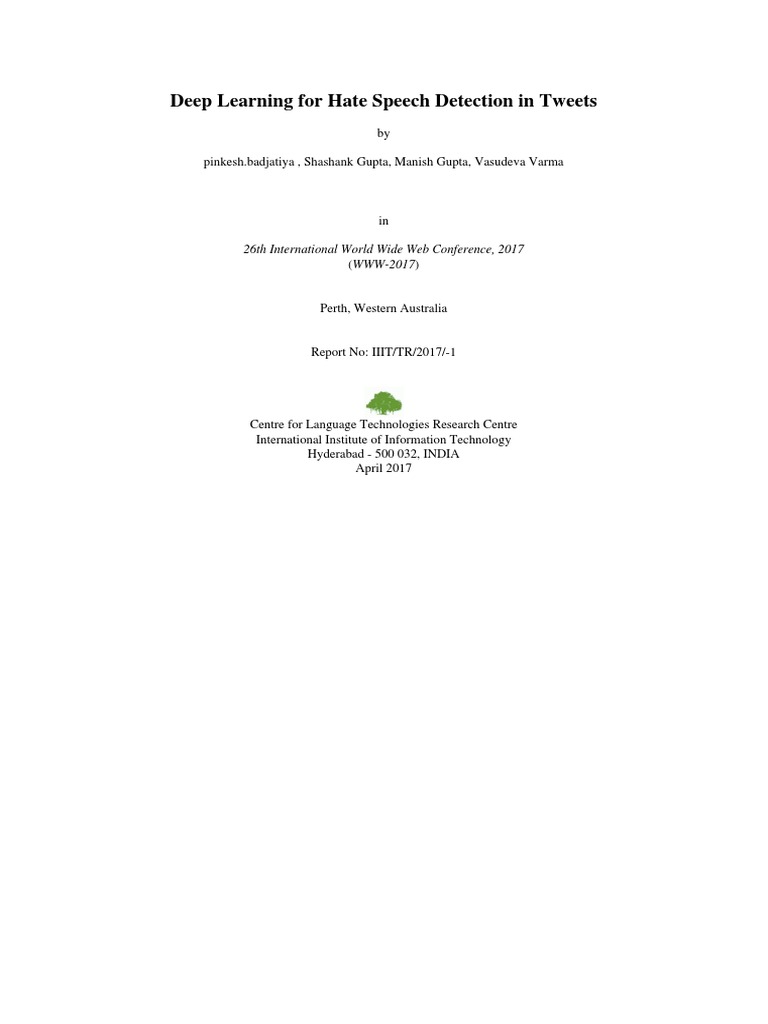 Deep Learning For Hate Speech Detection In Tweets Pinkesh Badjatiya