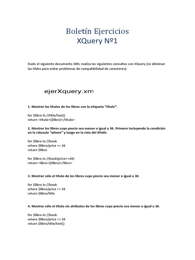 Ejercicios. XQuery | PDF | Programación de computadoras | Formatos de archivo de computadora