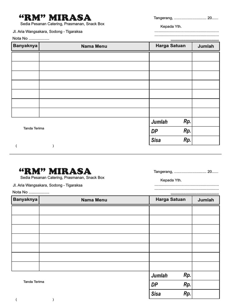Contoh Nota Catering dan Snack Box | PDF