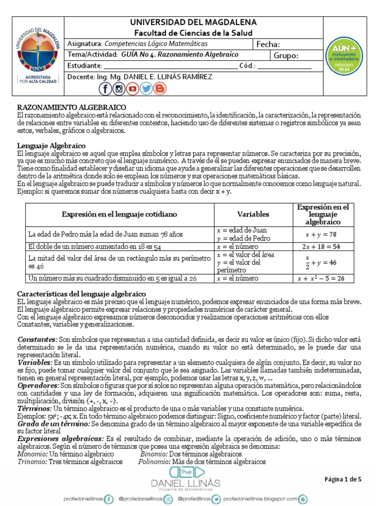 GUÍA No 4 - RAZONAMIENTO ALGEBRAICO | PDF | Números | Ecuaciones