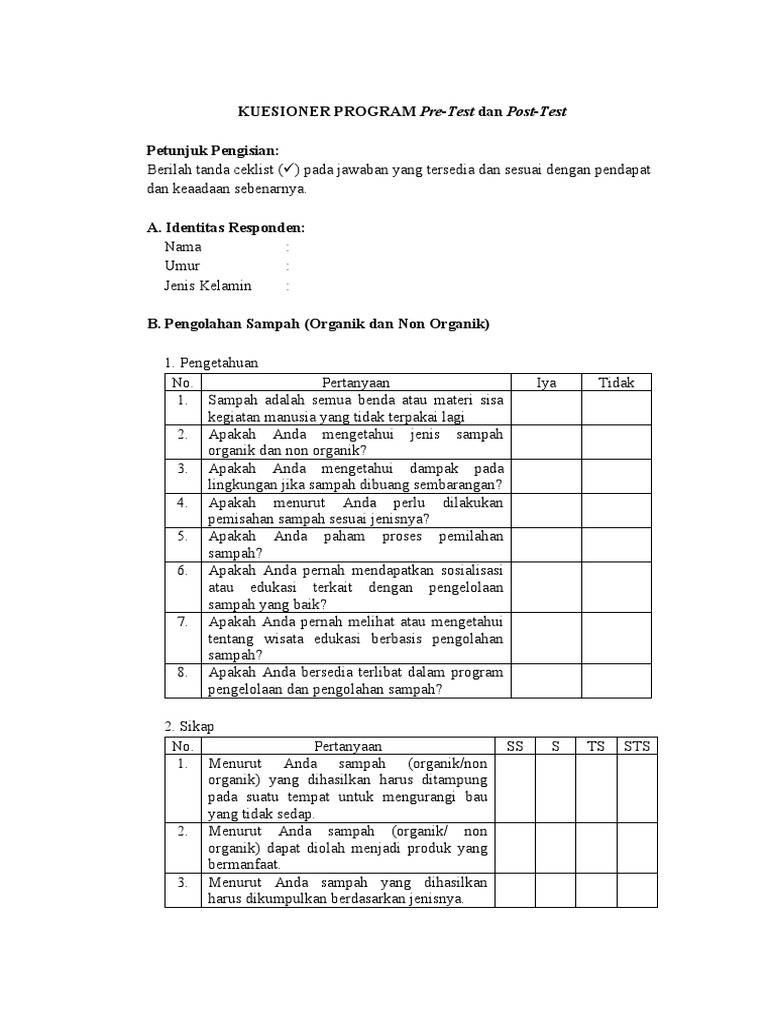 Kuesioner Pre-Test dan Post-Test Sampah | PDF