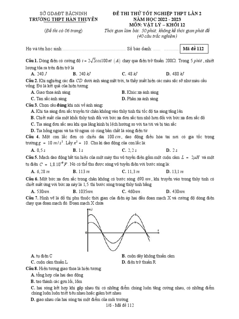 De Thi Thu Vat Ly TN THPT 2023 Lan 2 Truong THPT Han Thuyen Bac Ninh | PDF