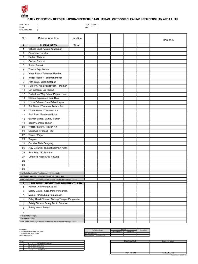 Form Daily Inspection Report - Halaman Luar | PDF | Gardens | Safety