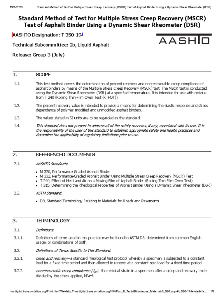 Standard Method of Test For Multiple Stress Creep Recovery (MSCR) Test ...
