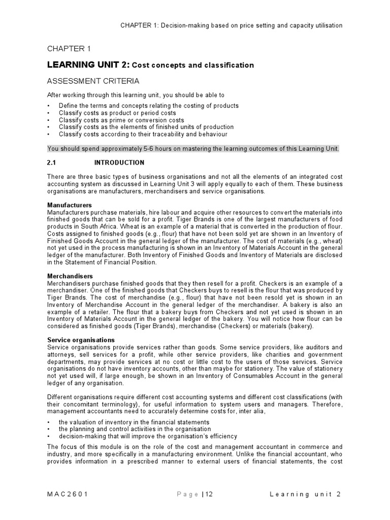 Learning Unit 2 - Cost Concepts and Classification | Download Free PDF | Cost | Inventory