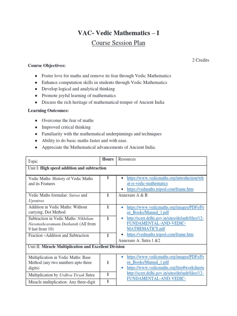 VAC-Vedic Mathematics - I: Course Session Plan | Download Free PDF | Mathematics | Science