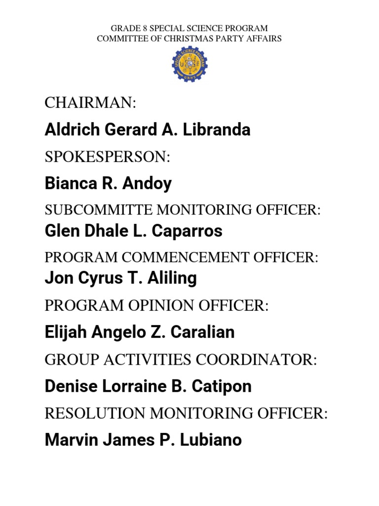 Grade 8 Christmas Party Committee | PDF