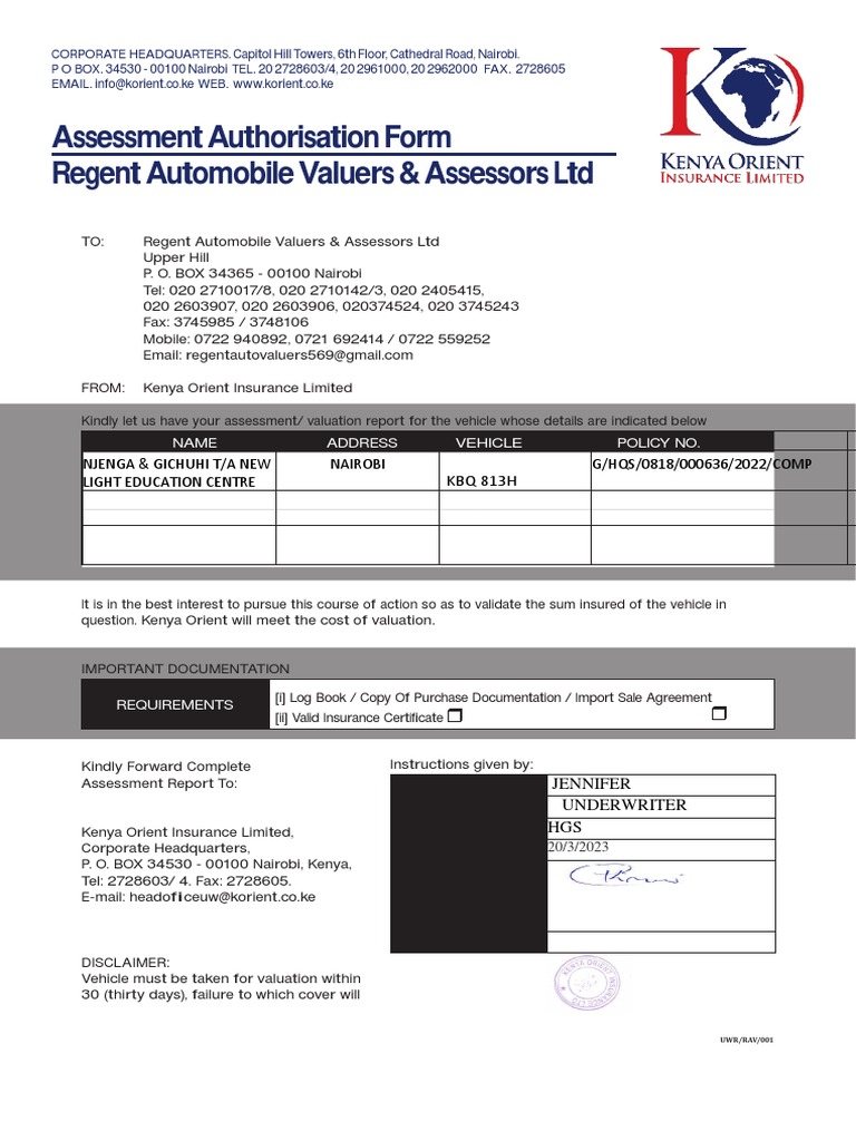Assessment Authorisation Form Regent Automobile Valuers & Assessors LTD ...
