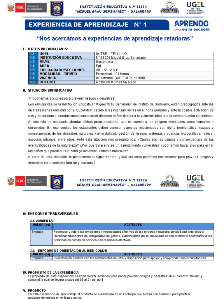 EXPERIENCIA DE APRENDIZAJE #1 - 2023 - 5 A y B | PDF | Aprendizaje | Iniciativa empresarial