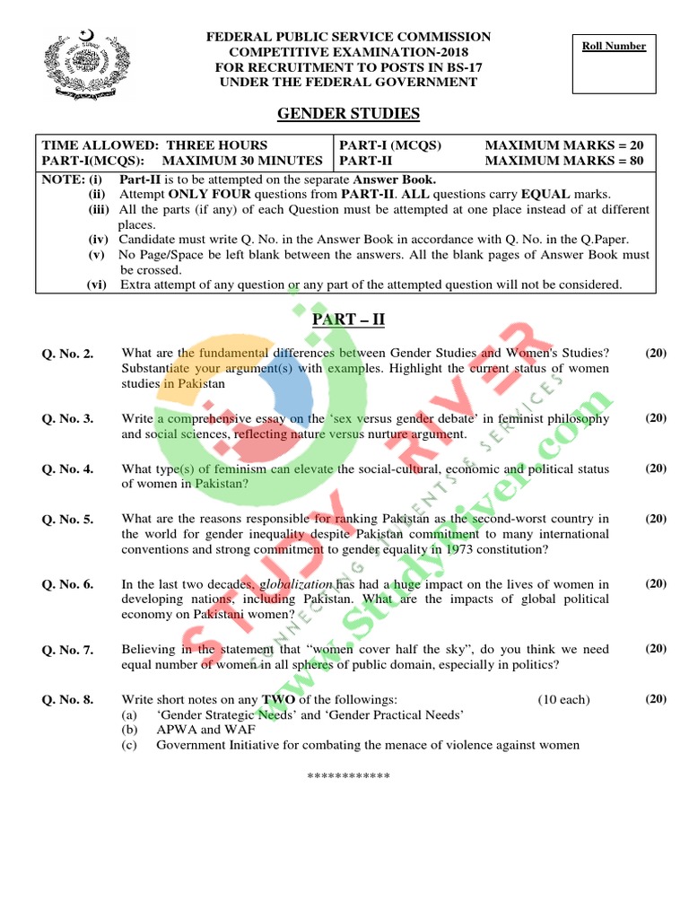 CSS Gender Studies Subjective Past Paper 2018 | PDF | Gender | Gender ... CSS Gender Studies Subjective Past Paper 2018 | PDF | Gender | Gender ...