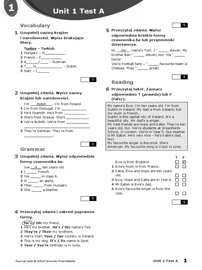 Team Up 1 Unit 1 Tests ABC | PDF