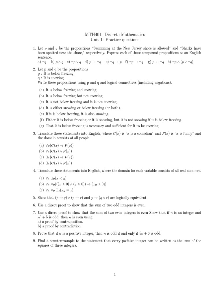 Practice Questions Unit 1 | PDF | Mathematical Proof | Proposition