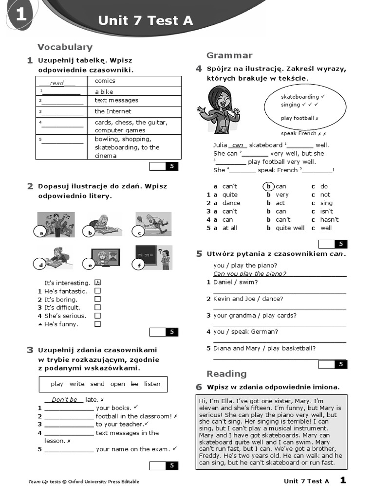 Team Up 1 Unit 7 Tests ABC | PDF