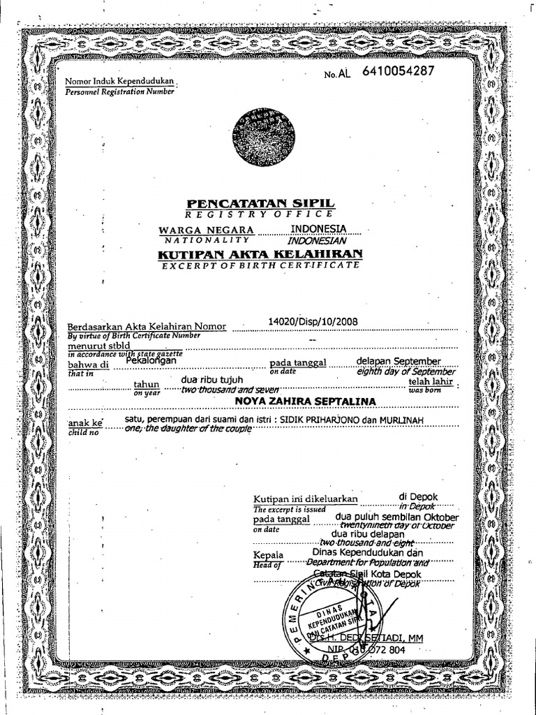 Contoh Akta Kelahiran | PDF