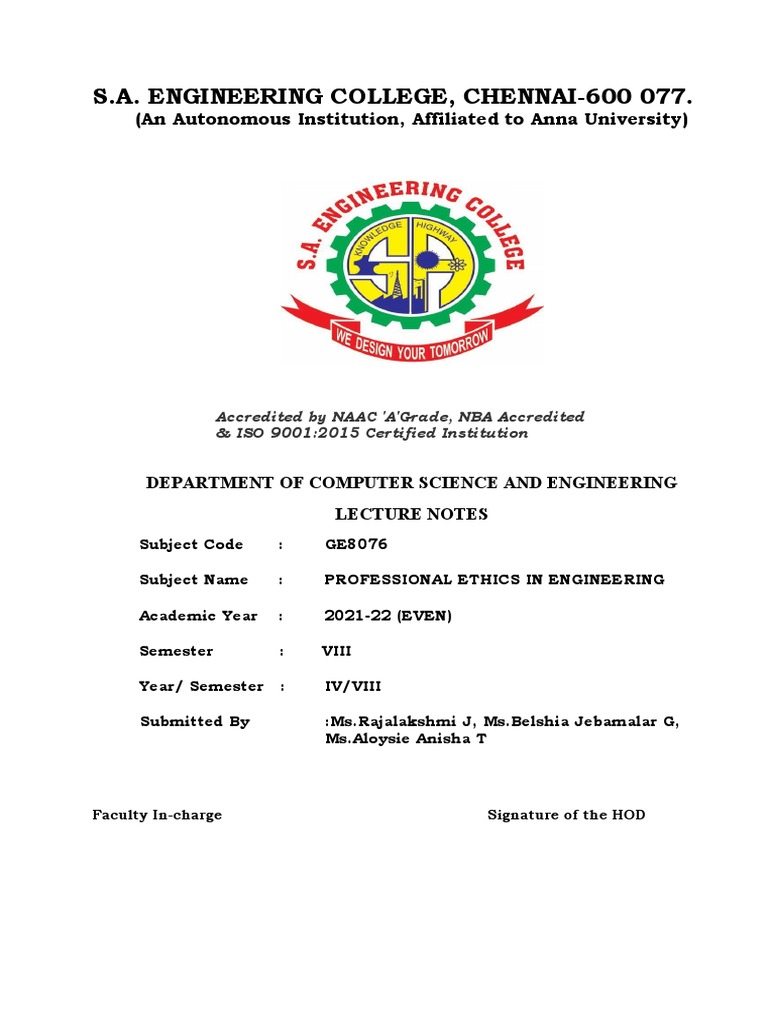 S.A. Engineering College, Chennai-600 077.: (An Autonomous Institution, Affiliated To Anna ...