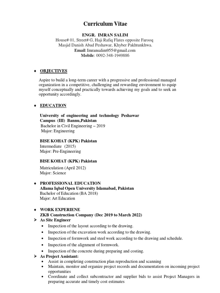 Engineer Imran Salim CV - 230120 - 105100 | PDF | Khyber Pakhtunkhwa ...