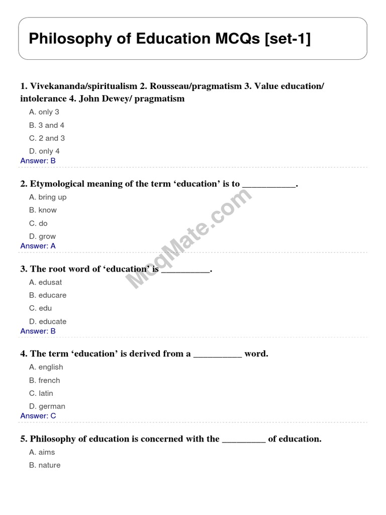 Philosophy of Education Solved MCQs (Set-1) | PDF | Idealism ...