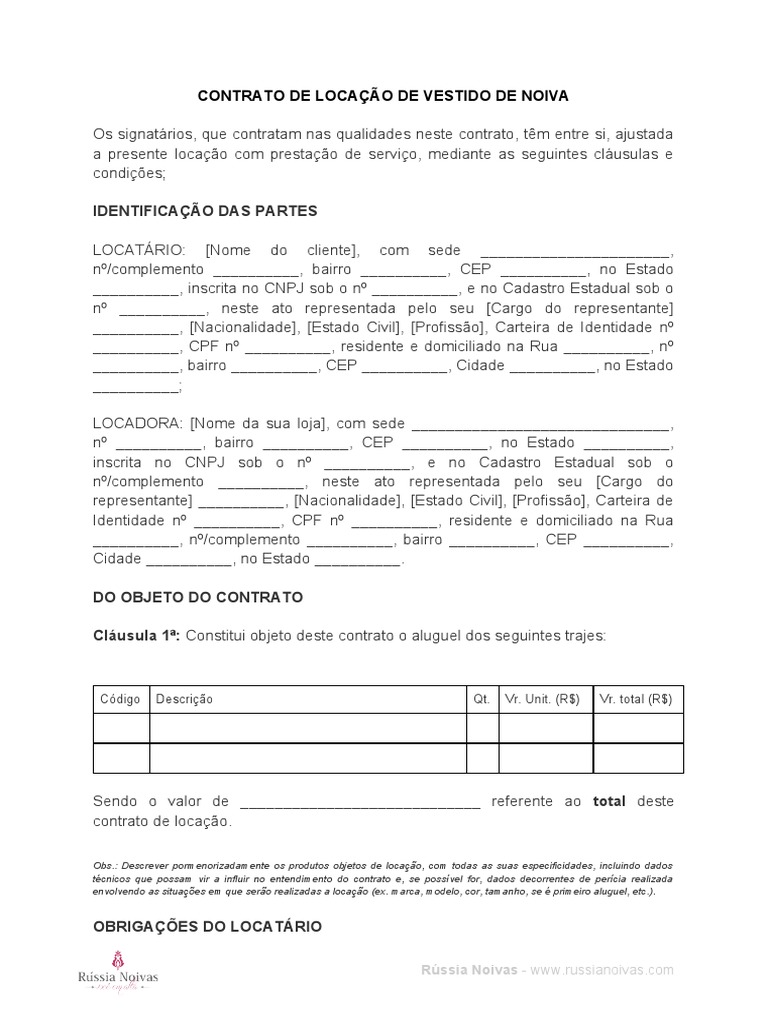 Contrato de Locação de Vestido de Noiva | PDF | Aluguel | Economias