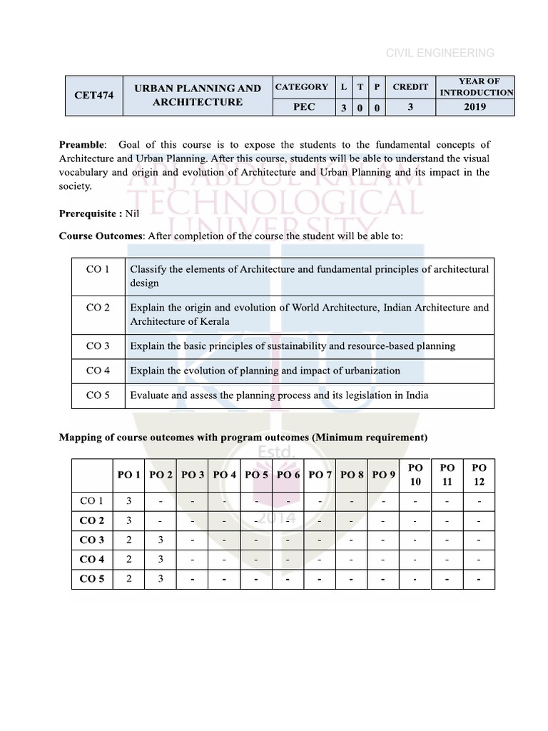 Cet474 Urban Planning and Architecture Syllabus | PDF