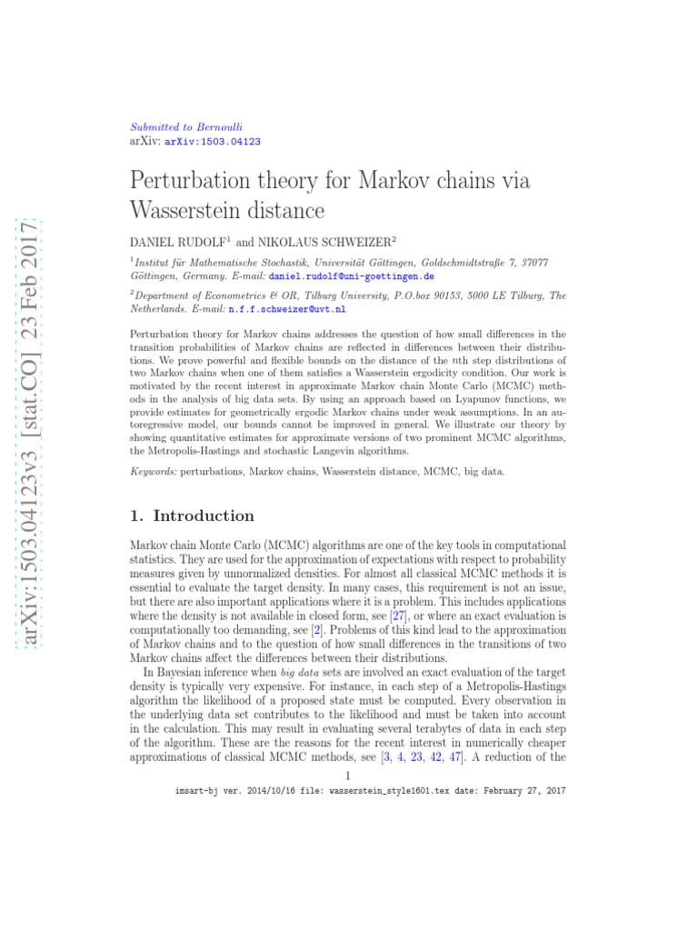 Markov Chains Perturbation Theory via Wasserstein Distance | PDF | Markov Chain | Mathematics