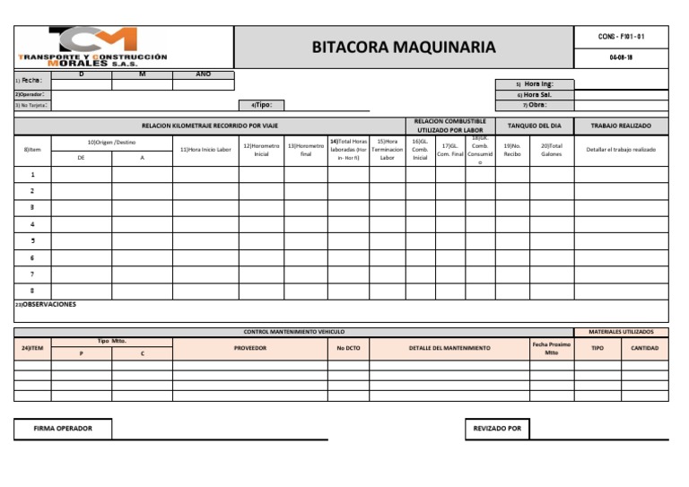 Cons-F101-01 Bitacora Maquinaria | PDF | Transporte