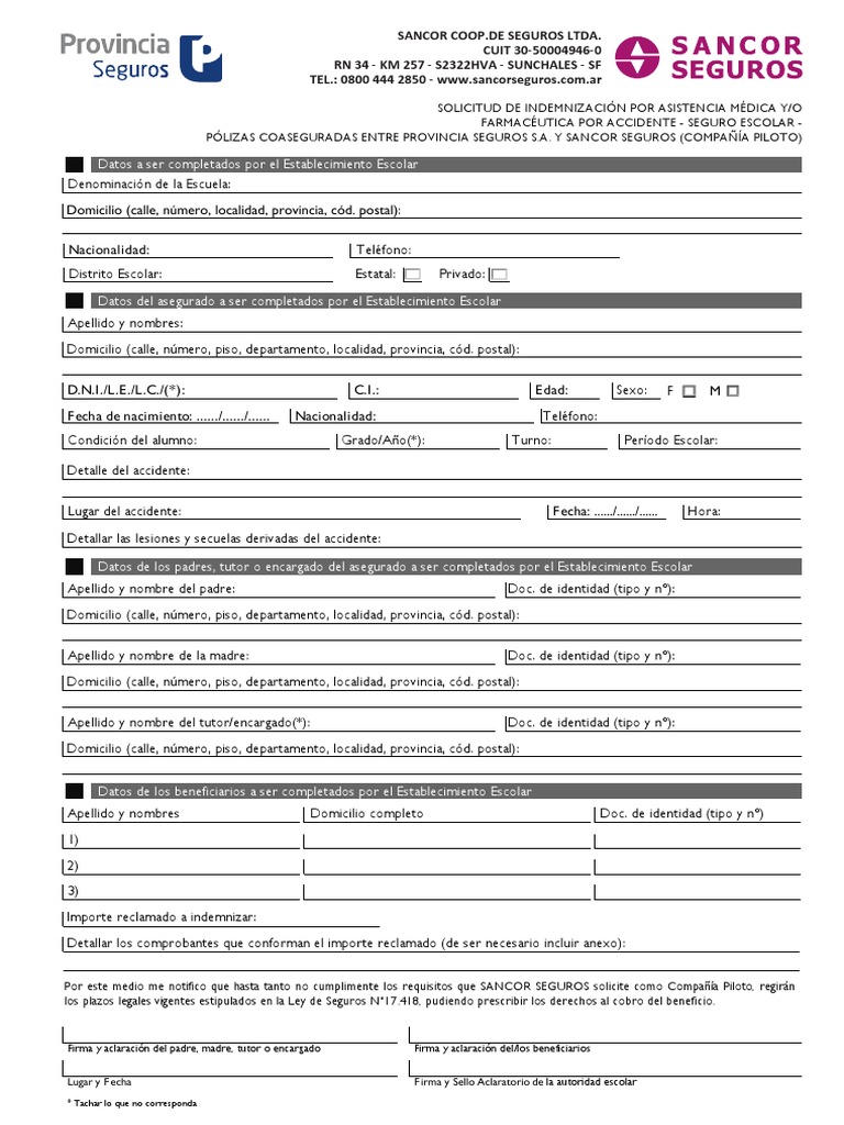 Formulario de Seguro Escolar Sancor | PDF | Justicia | Crimen y violencia