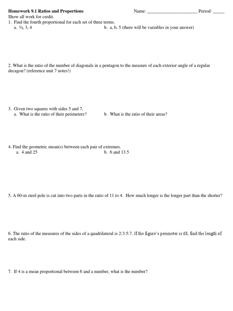 Homework 9.1 Ratios and Proportions | PDF | Triangle | Ratio
