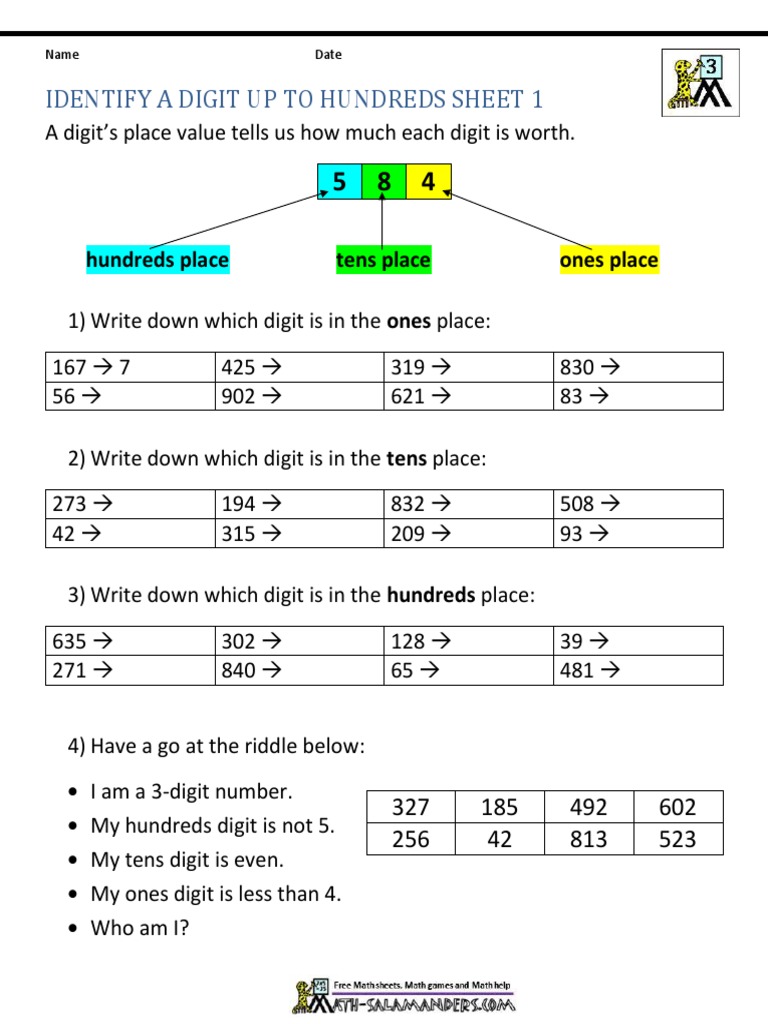 Identify Digit Up To Hundreds 1 | PDF