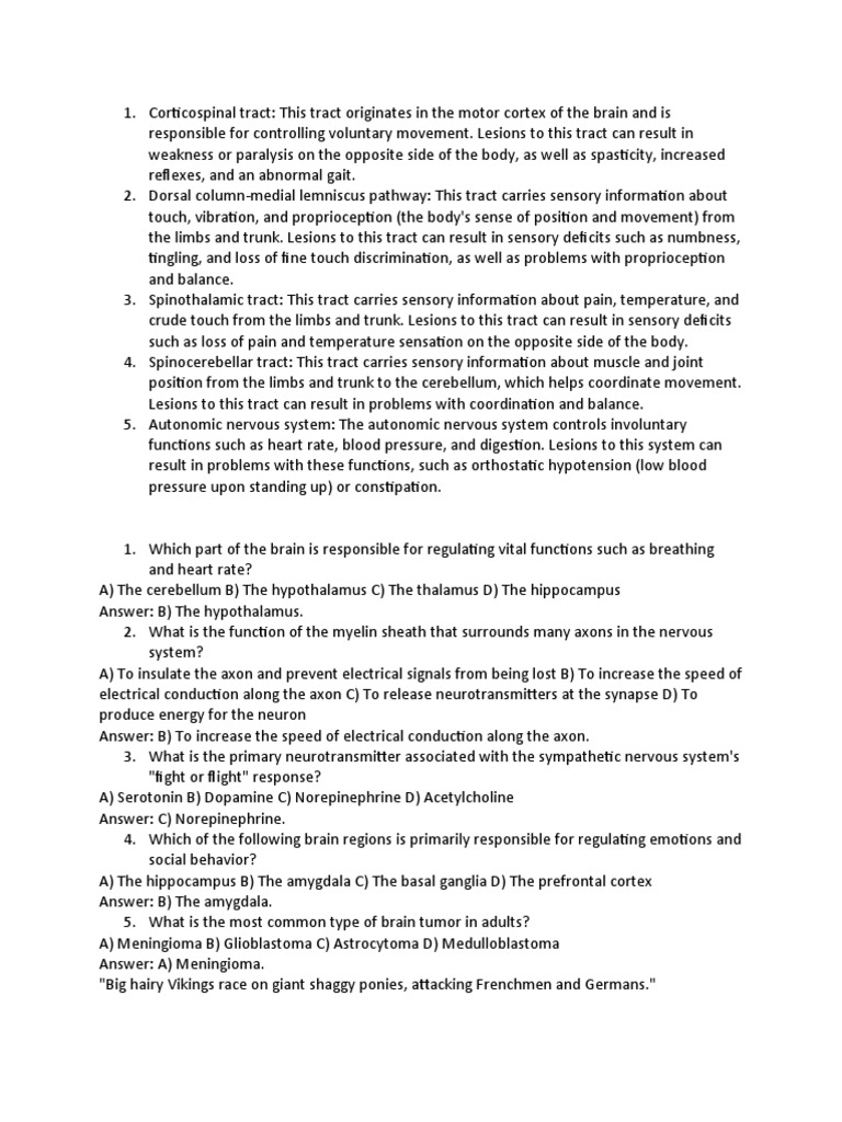 Corticospinal Tract Practice Questions | PDF | Brain | Somatosensory System