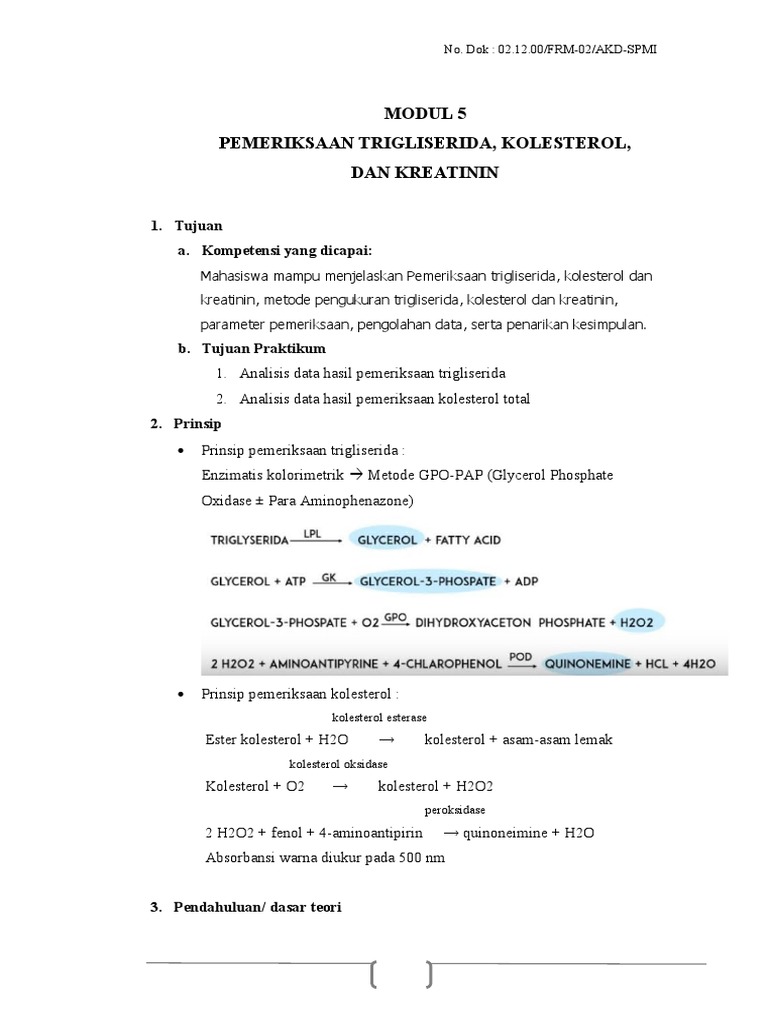 Modul 5 Pemeriksaan Trigliserida, Kolesterol, Dan Kreatinin: 1. Tujuan ...