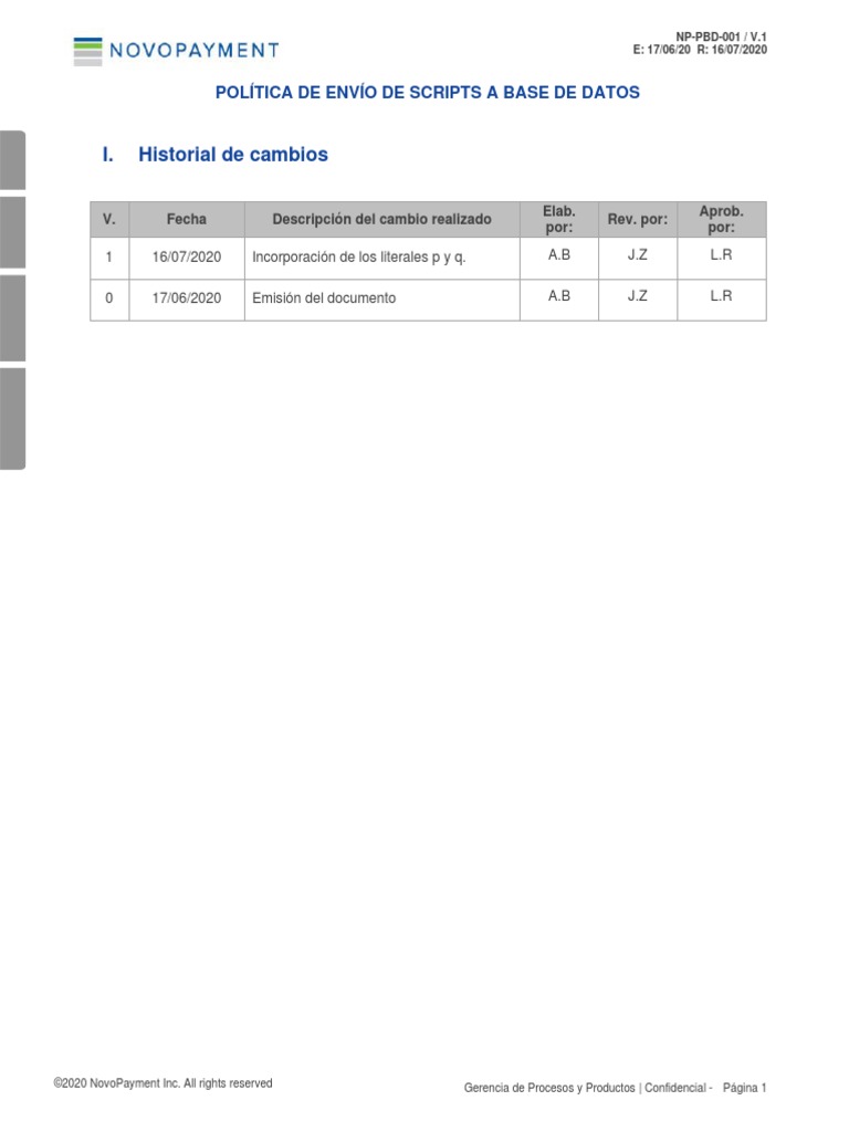 I. Historial de Cambios: Política de Envío de Scripts A Base de Datos | PDF | Datos | Gestión de ...