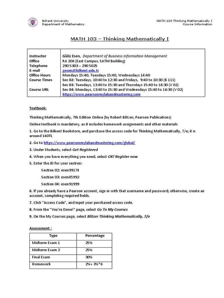 MATH 103 - Thinking Mathematically I: Gesen @bilkent - Edu.tr | PDF | Textbook | Mathematics