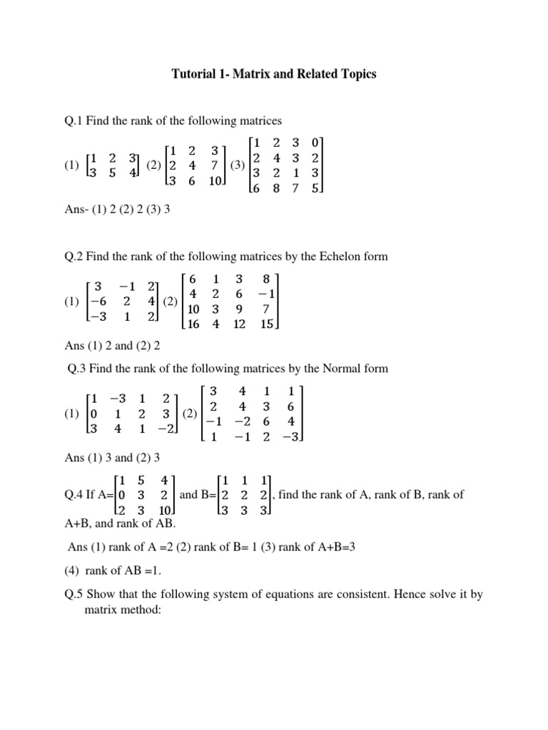 Tutorial-1 B.Tech II Sem Matrix | PDF | Matrix (Mathematics) | Functional Analysis