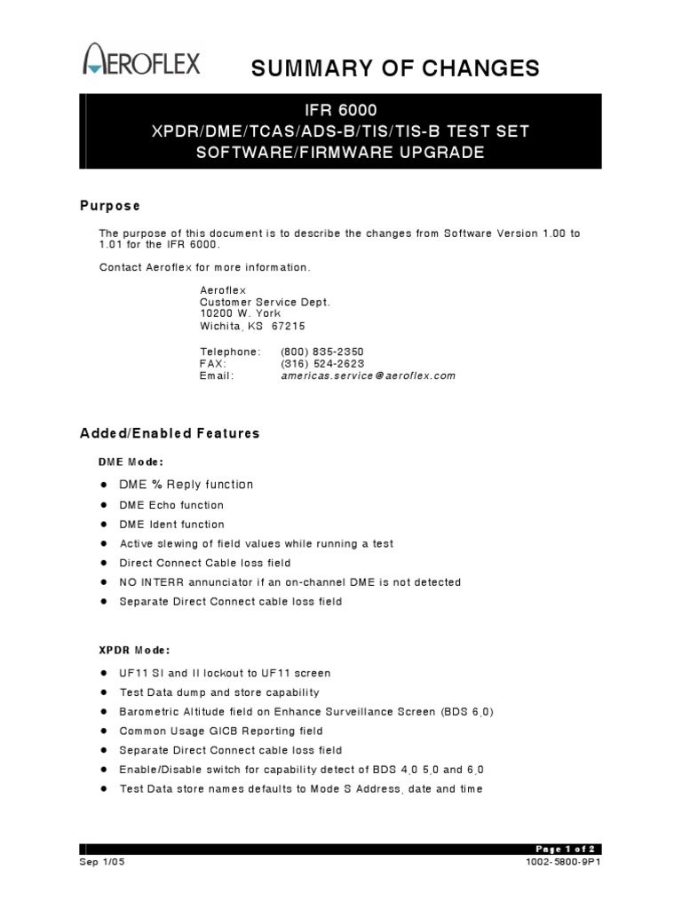 IFR 6000 XPDR DME TCAS ADS-B TIS-B Test Set Software Update Summary ...