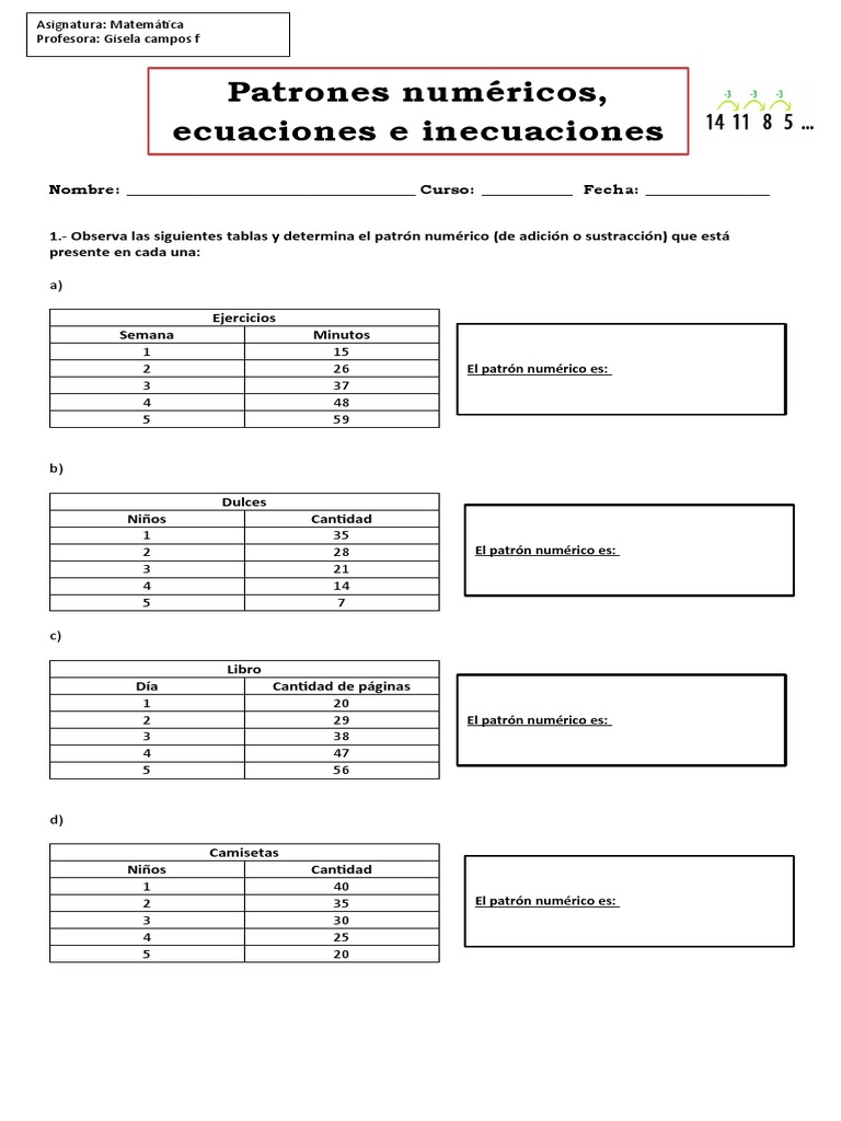 Guía Patrones, Ecuaciones e Inecuaciones 4° Basico | Descargar gratis ...