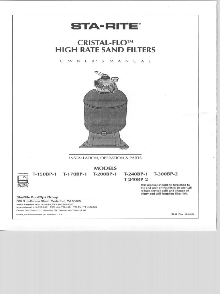 Sta-Rite Cristal Flo High Rate Sand Filter Models t-150bp-1 | PDF