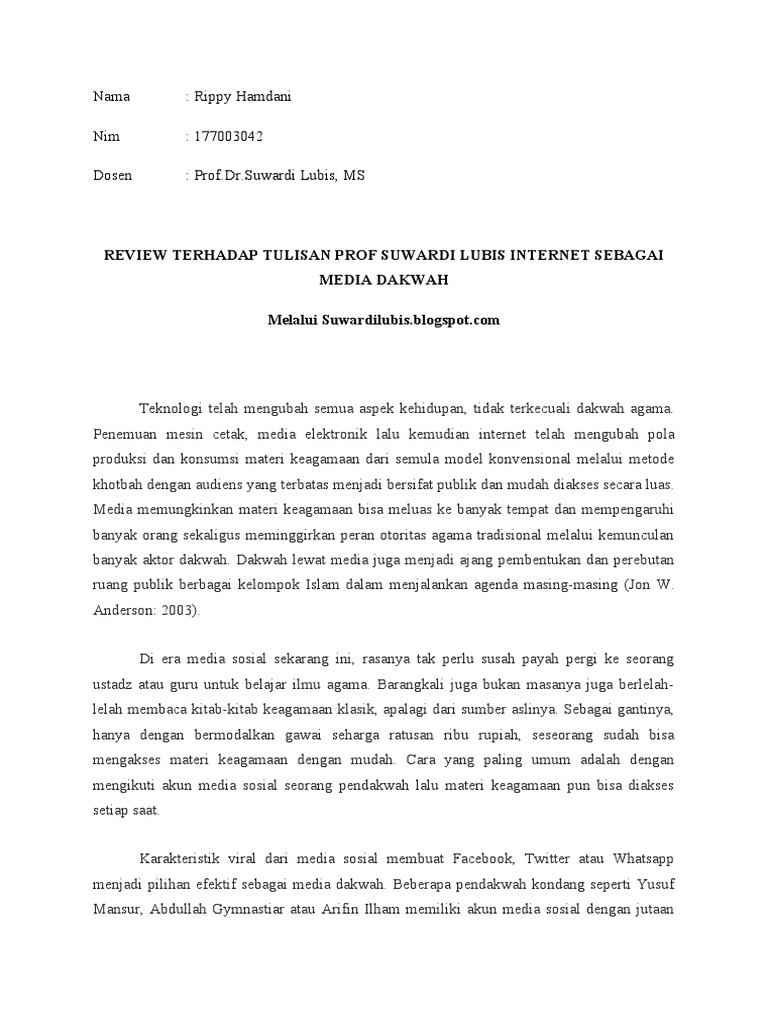 Review Terhadap Tulisan Prof Suwardi Lubis Internet Sebagai Media Dakwah | PDF