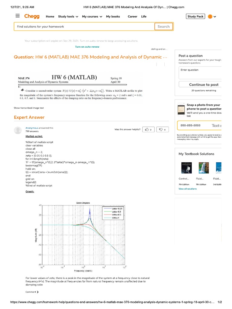 HW 6 (MATLAB) MAE 376 Modeling and Analysis of Dyn... - Chegg | PDF