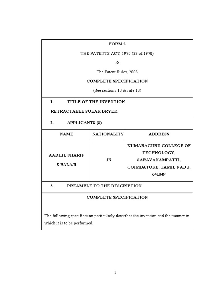 Complete Specification - Solar Dryer | PDF | Switch | Light Emitting Diode