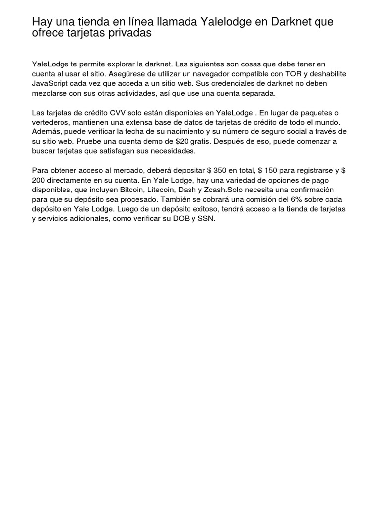 Yalelodge Es Una Tienda en L?nea Que Vende Tarjetas de Cr?dito Privadas en La Darknetshmqn PDF | PDF