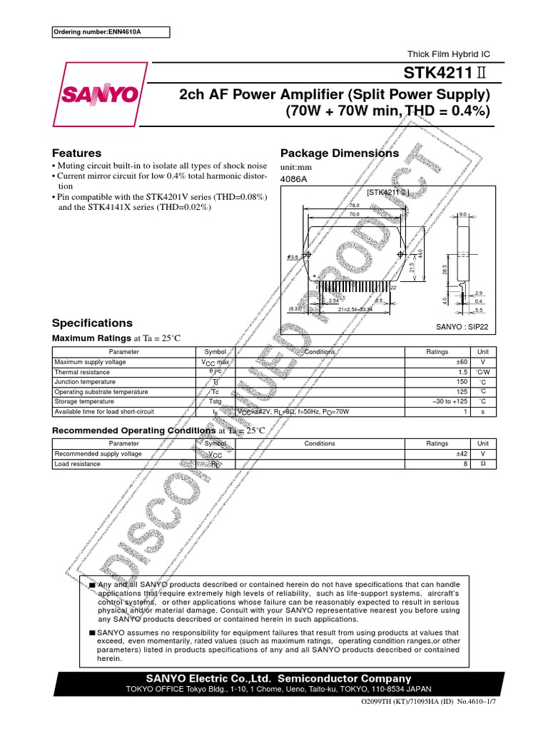 2ch AF Power Amplifier (Split Power Supply) (70W + 70W Min, THD 0.4% ...