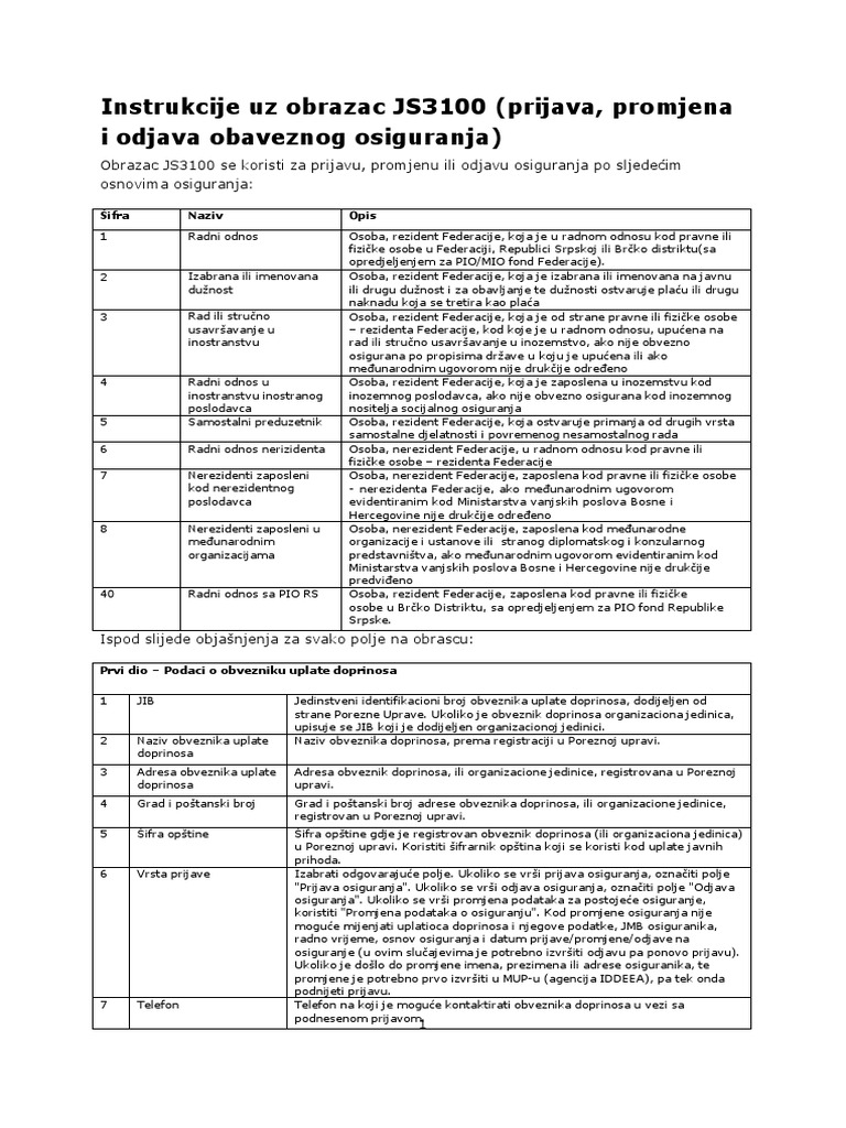 Instrukcije Za Popunjavanje obrascaJS3100 2 | PDF