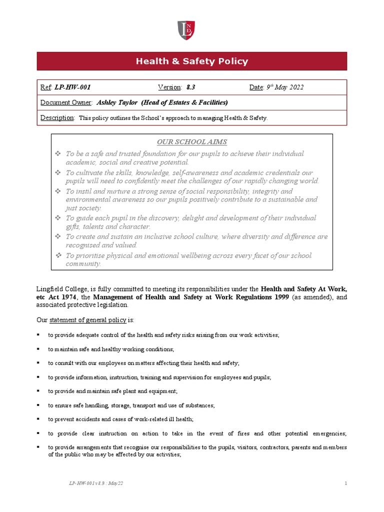Health & Safety Policy: Our School Aims | PDF | Occupational Safety And Health | Safety