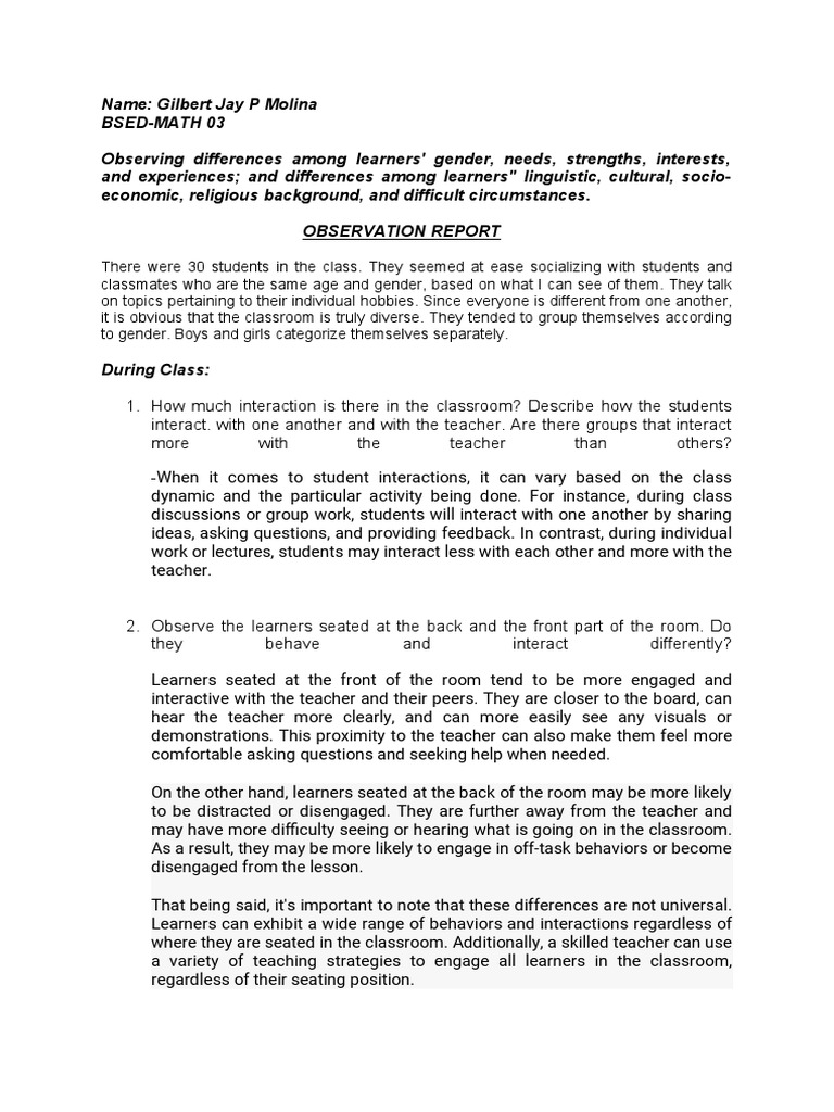 Observation Report | PDF | Teachers | Classroom