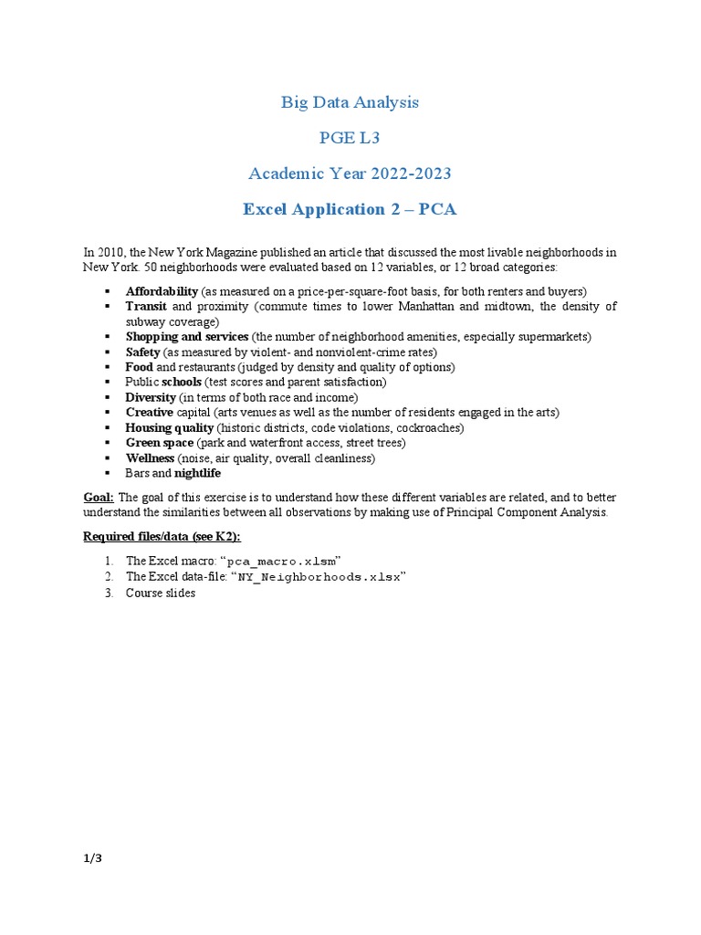 Big Data Analysis Pge L3 Academic Year 2022-2023: Excel Application 2 - PCA | Download Free PDF ...