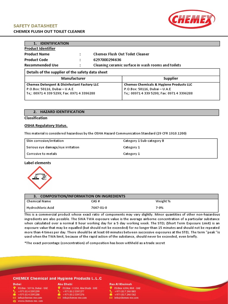 Safety Datasheet: Chemex Flush Out Toilet Cleaner | PDF | Dangerous Goods | Personal Protective ...