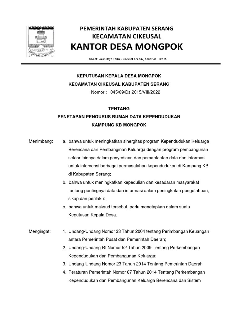 Pengurus Rumah Data Kampung KB Mongpok | PDF