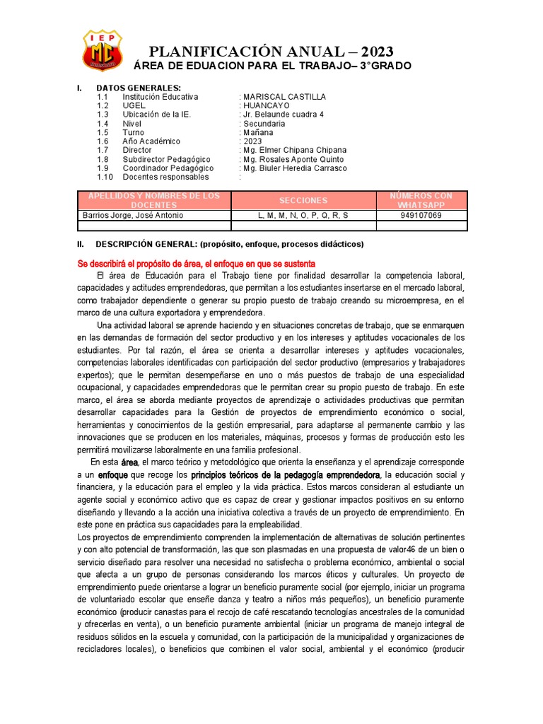 Plan Anual - Ciclo - Vii - 2023 - Ept | PDF | Iniciativa empresarial | Aprendizaje