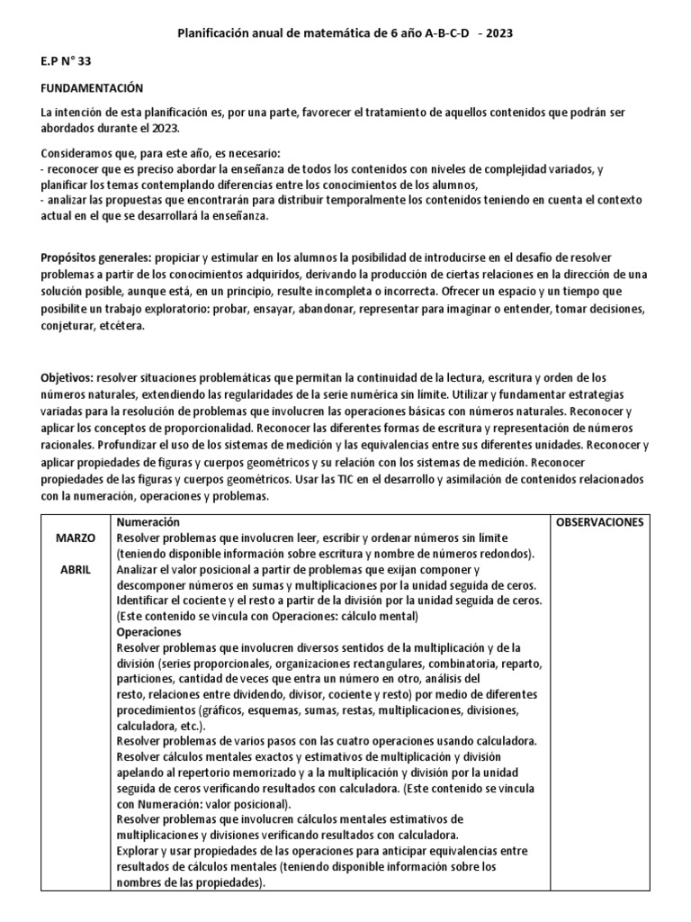 Planificacion Anual Matematica | PDF | División (Matemáticas) | Matemáticas