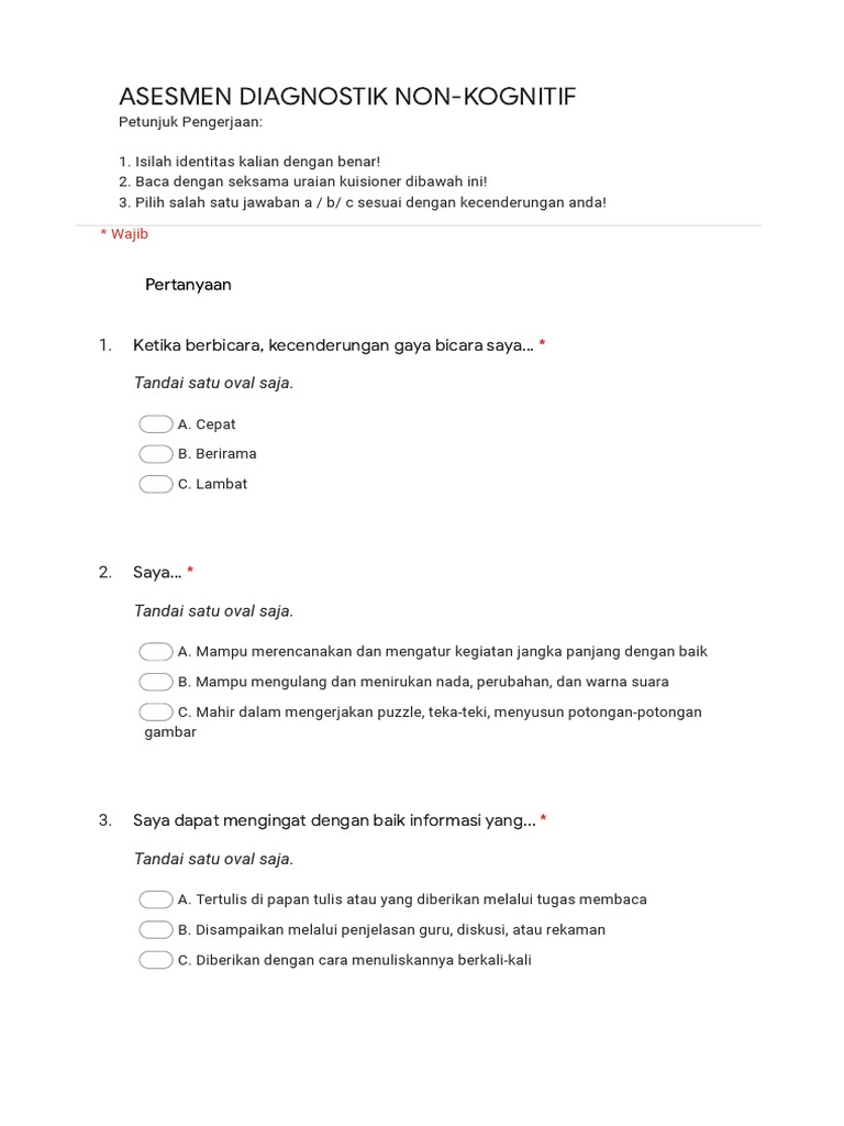 ASESMEN DIAGNOSTIK NON-KOGNITIF - Google Formulir | PDF